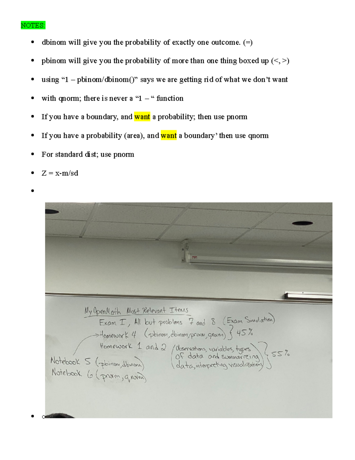 Exam 1 notes MAT241 - ....... - NOTES: dbinom will give you the ...