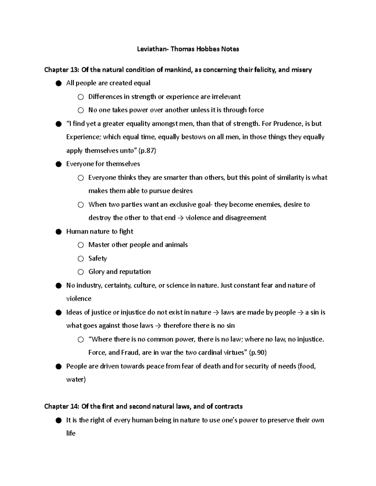 Leviathan- Thomas Hobbes Notes - Leviathan- Thomas Hobbes Notes Chapter ...