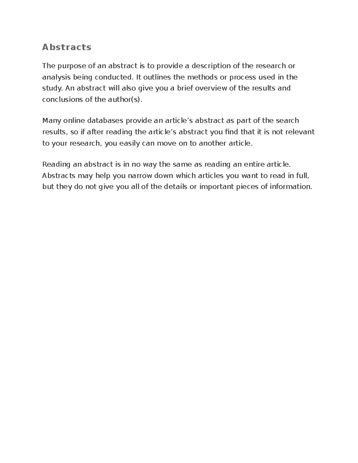 Abstract - notes - Abstracts The purpose of an abstract is to provide a ...