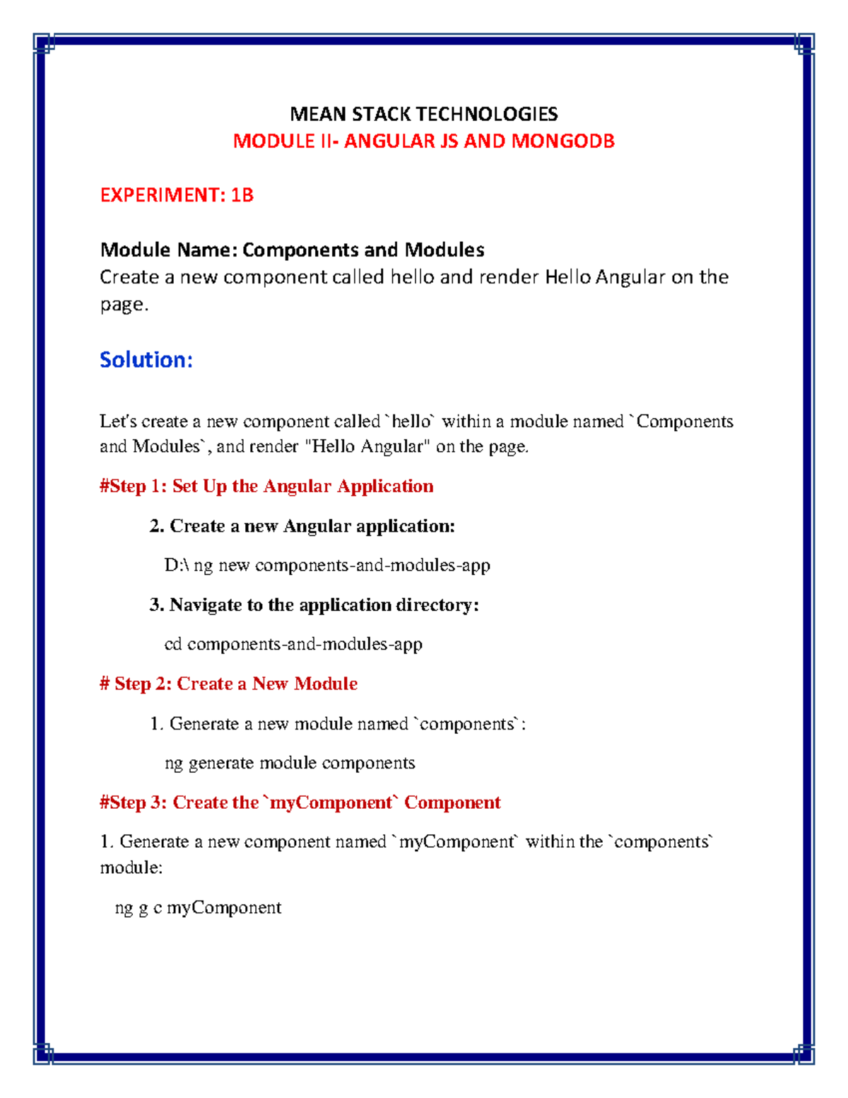 EX 2 - manual - MEAN STACK TECHNOLOGIES MODULE II- ANGULAR JS AND MONGODB EXPERIMENT: 1B Module ...