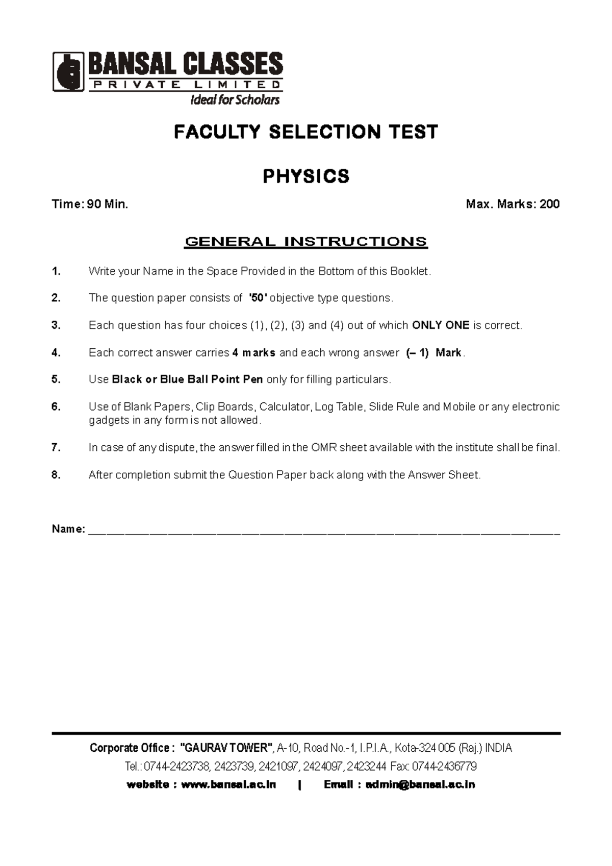 Sample/practice exam April 2019, questions - FACULTY SELECTION TEST ...