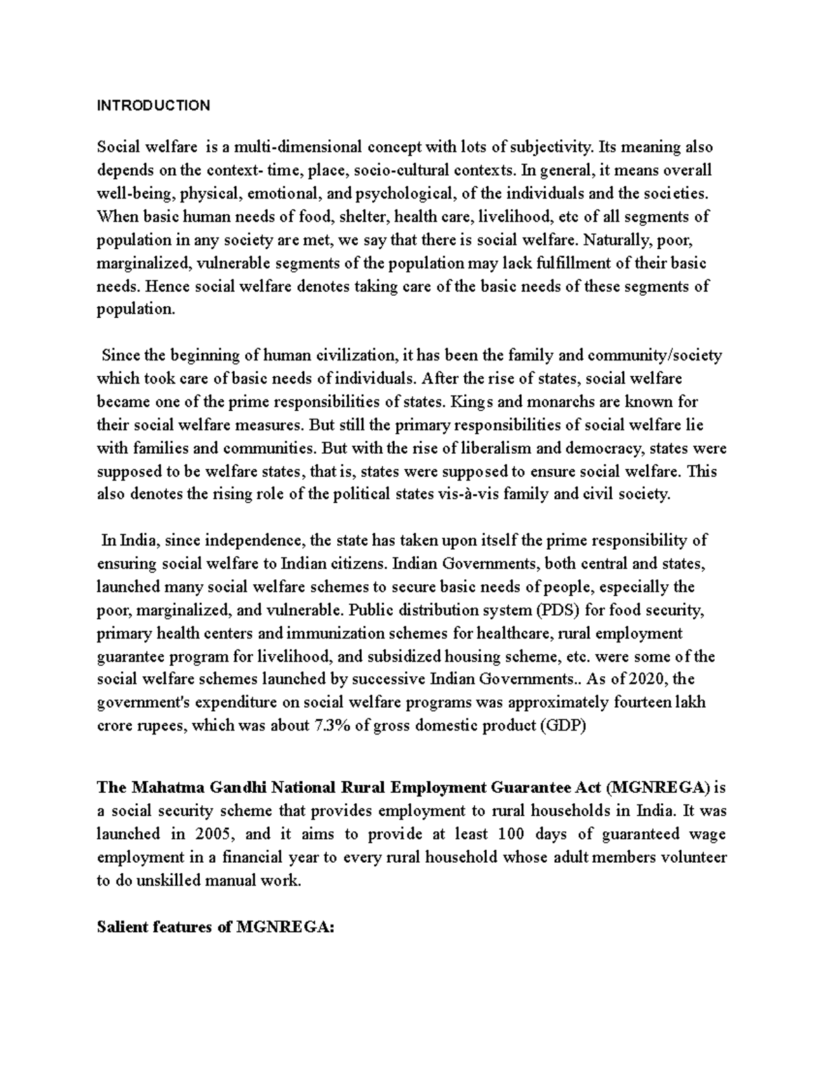 MGNREGA, 2005 Act - INTRODUCTION Social welfare is a multi-dimensional concept with lots of ...