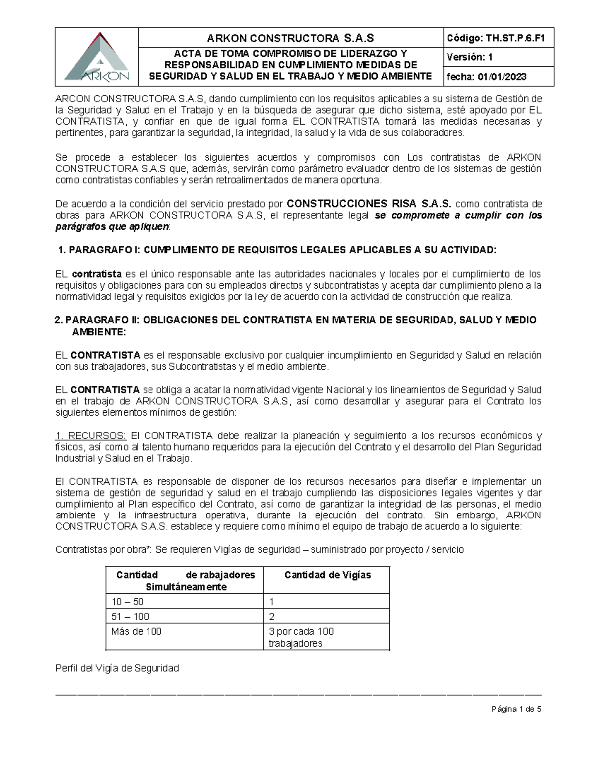 1- Formato Compromiso DE Contratista POR Arkon Constructora - ACTA DE TOMA COMPROMISO DE ...