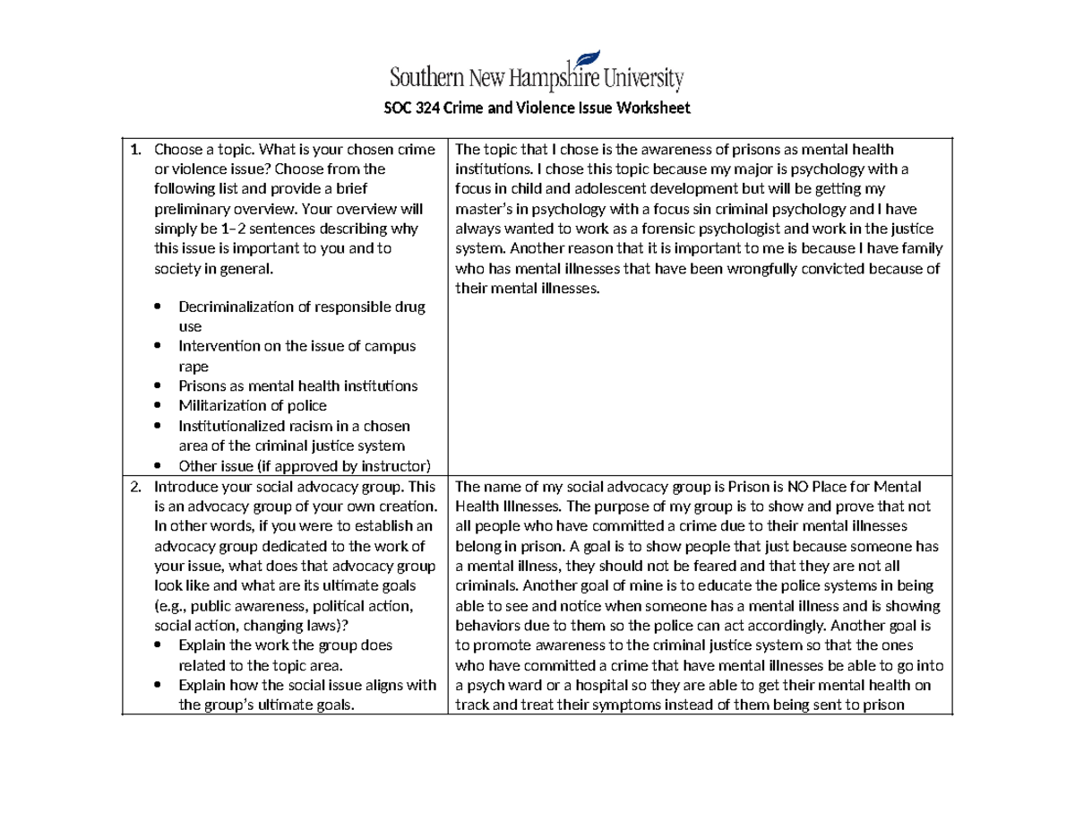 Soc324 crime and violence issue worksheet (1) - SOC 324 Crime and ...