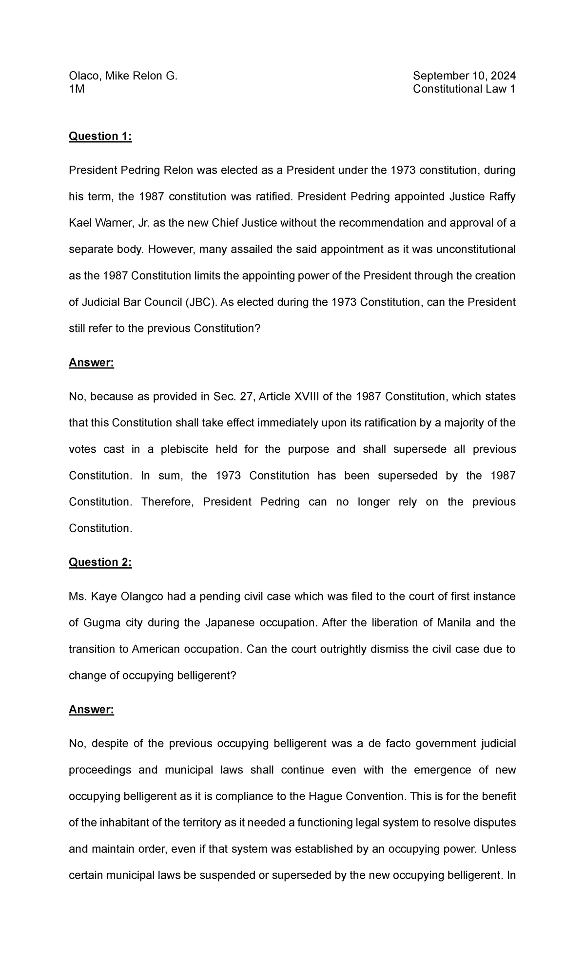 Olaco-1M- Consti Q&A - Question and Answer related to module 1-6 - Olaco, Mike Relon G ...