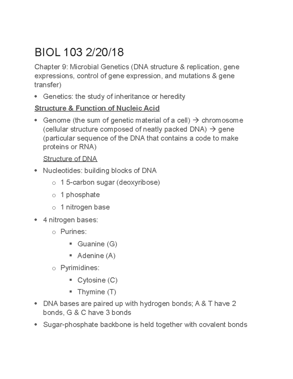 BIOL 103 Chapter 9: Microbial Genetics - BIOL 103 2/20/18 Chapter 9 ...