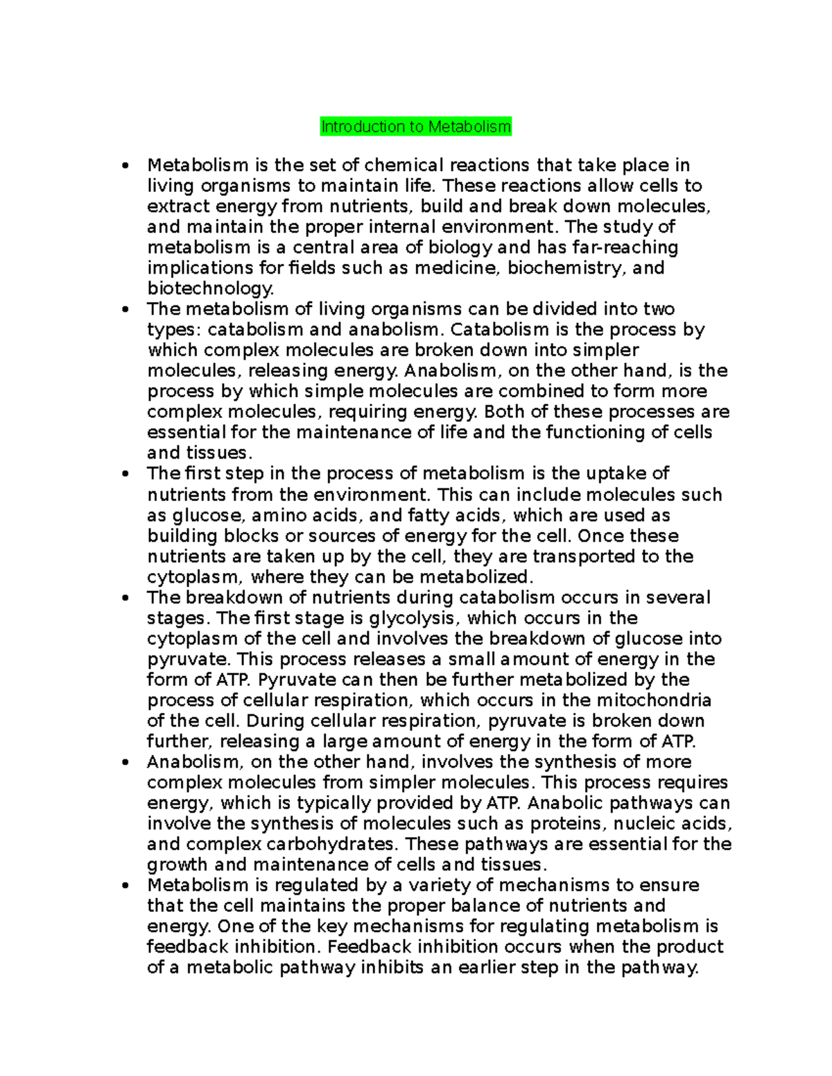 Introduction to Metabolism - These reactions allow cells to extract ...