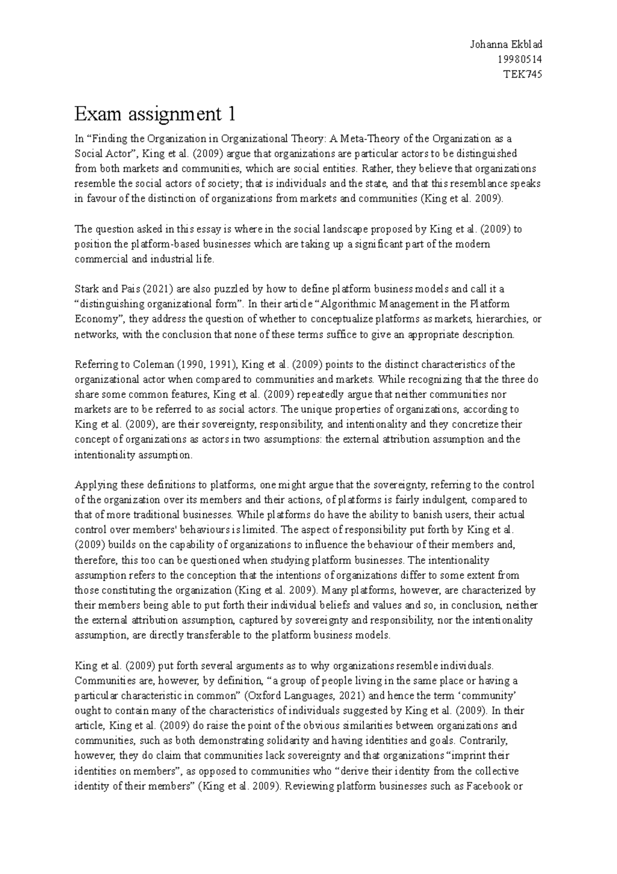 Exam assignment 1 - Inlämning 1 - Johanna Ekblad 19980514 TEK Exam ...