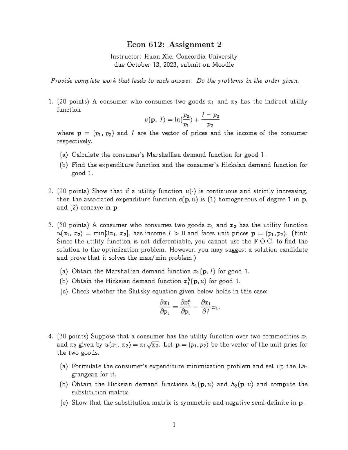 612hw2-2023F - Assignment 2 - Econ 612: Assignment 2 Instructor: Huan Xie, Concordia University ...