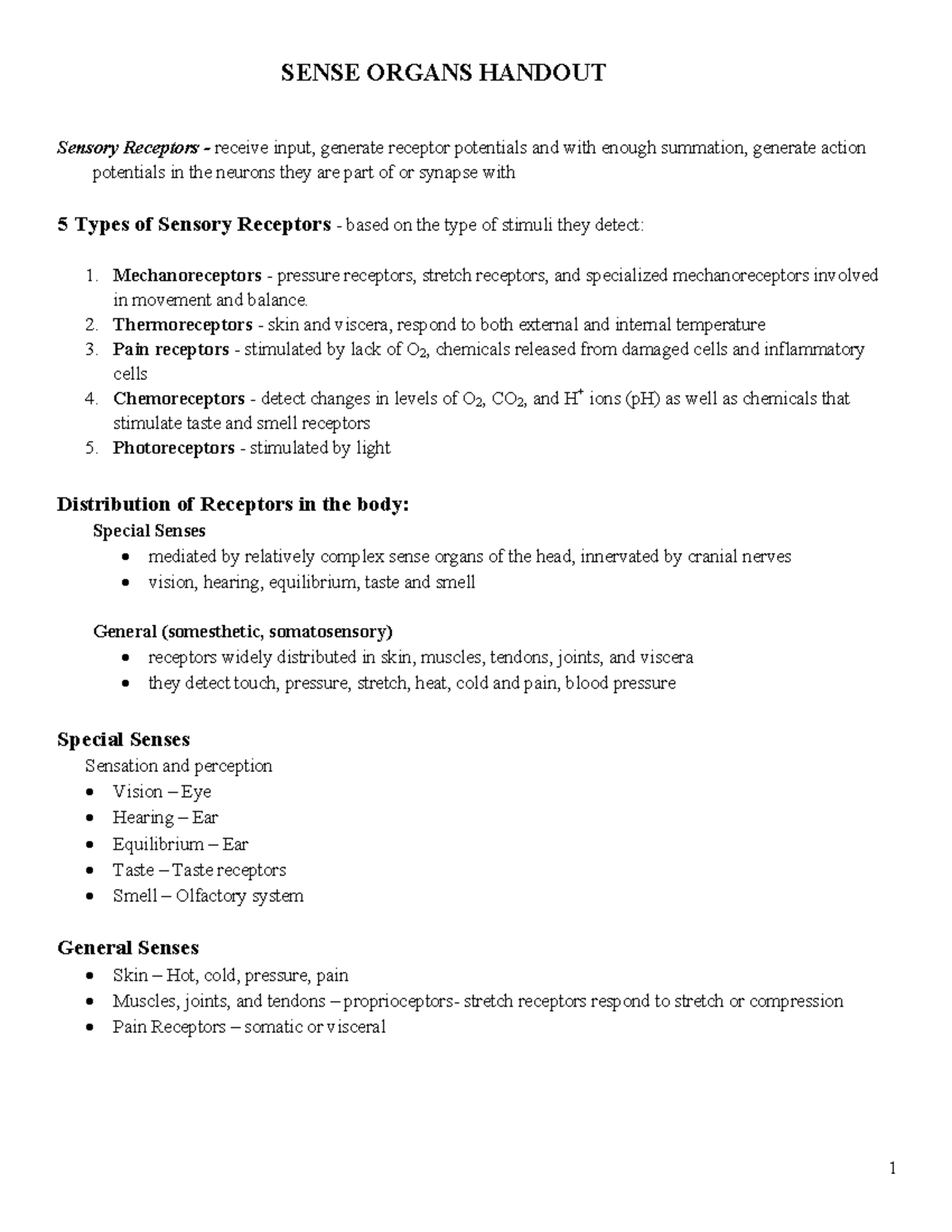 Human Anatomy & physiology special senses - SENSE ORGANS HANDOUT ...
