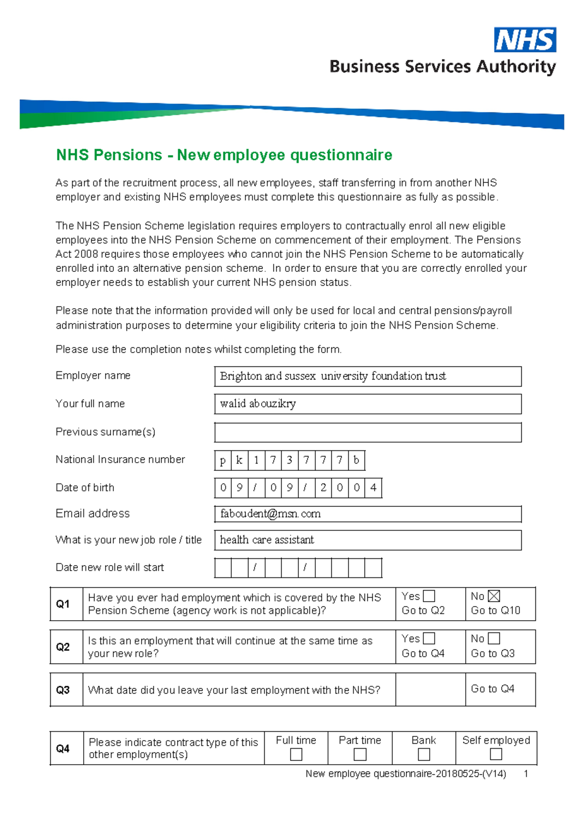 Save number 2 - lab report - NHS Pensions - New employee questionnaire ...