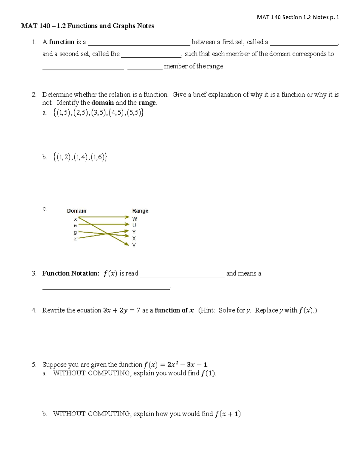 MAT140-1 - MAT140 homework assignment Professor: April Pritchett - MAT 140 – 1 Functions and ...