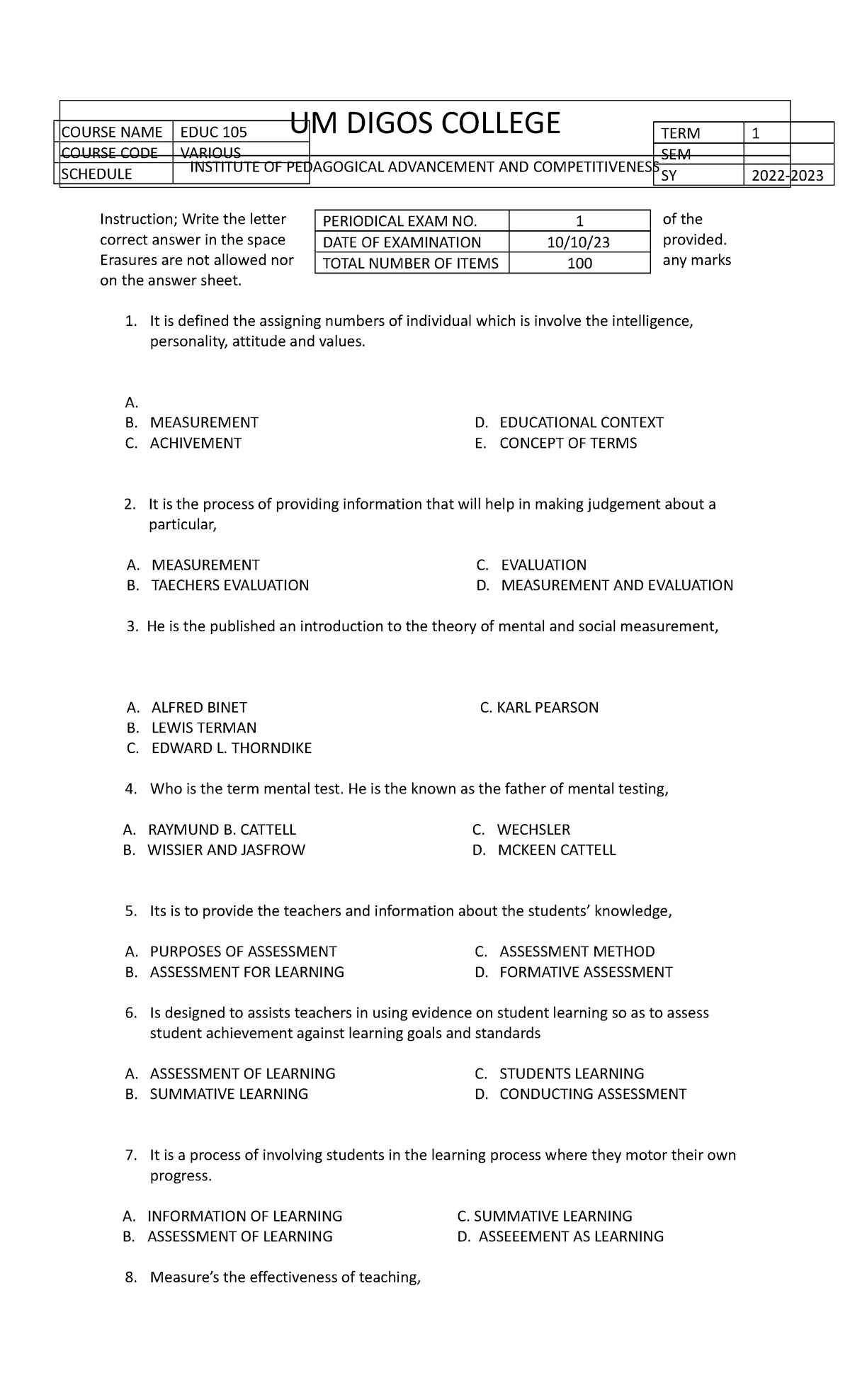 Questionaire - Questionnaire for students - UM DIGOS COLLEGE INSTITUTE ...
