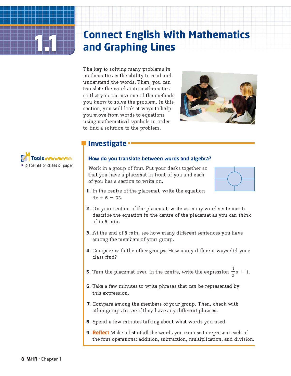 1 - math textbook - 8 MHR • Chapter 1 Connect English With Mathematics ...