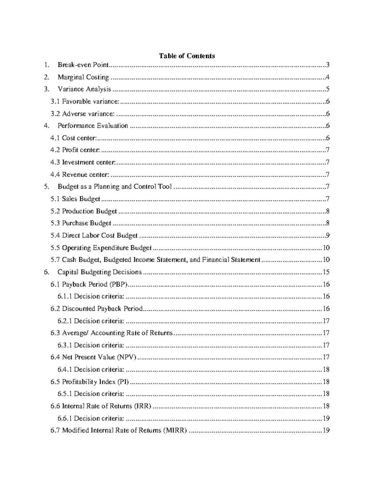 Assignment Managerial Accounting - Table of Contents Example Estimated ...