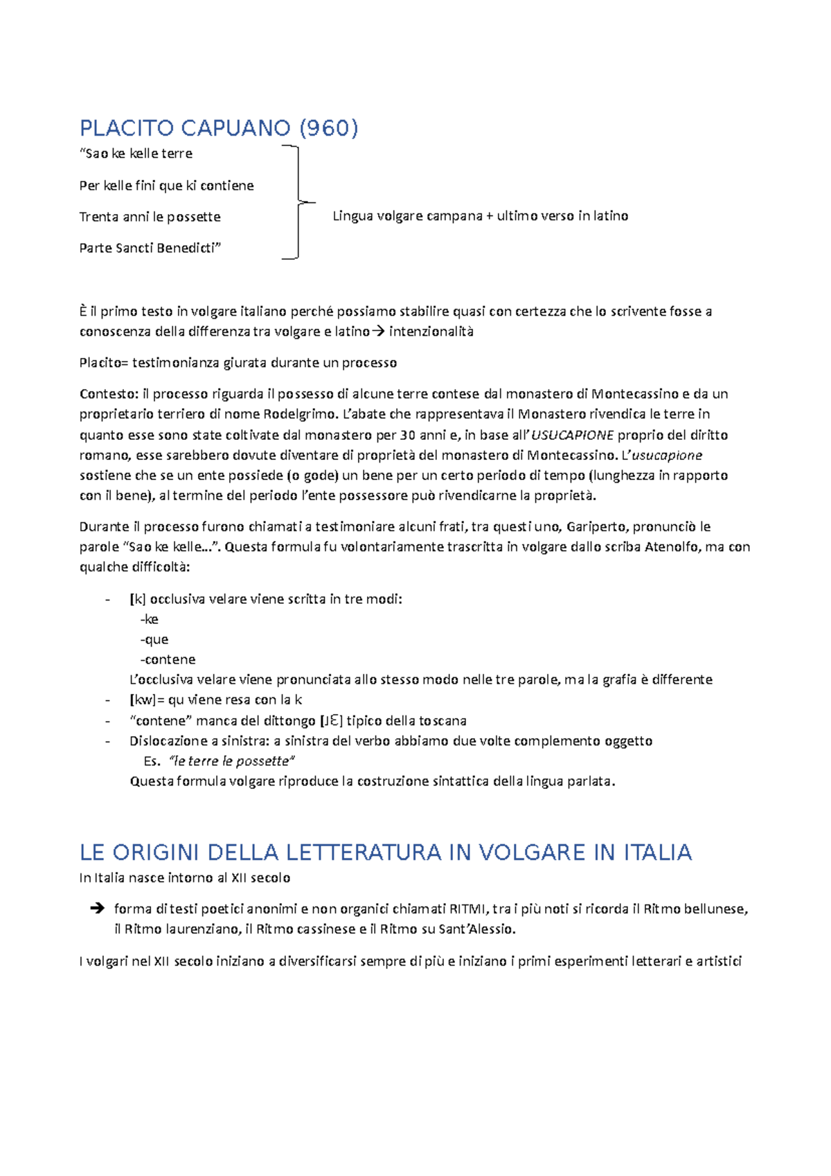 Placito capuano e il Duecento - PLACITO CAPUANO (960) “Sao ke kelle ...