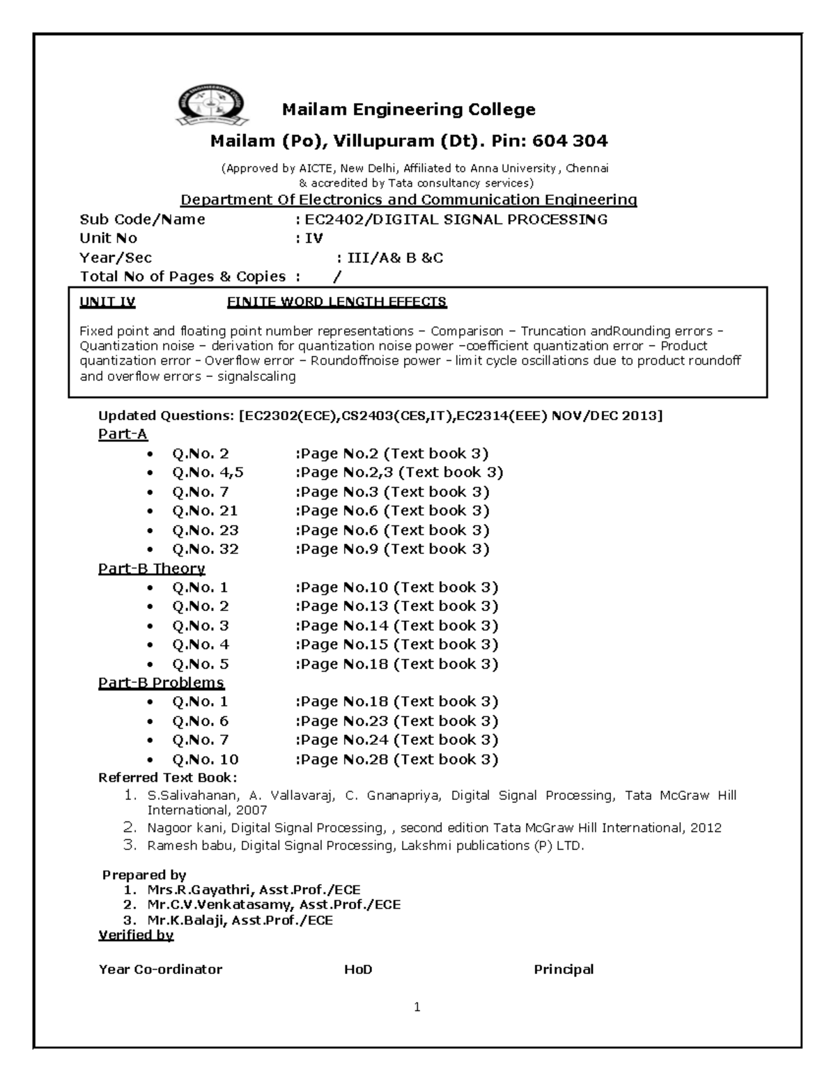 Unit 4 dsp new - This is the study material of digital signal processing - Mailam Engineering ...