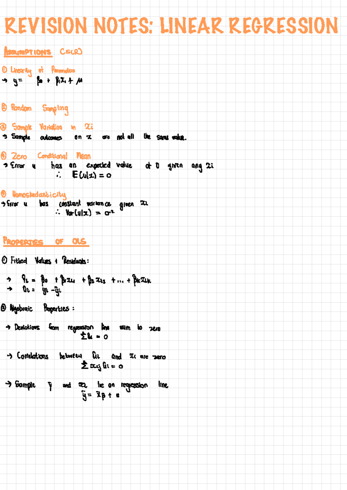 Revision Notes - REVISION NOTES: LINEAR REGRESSION ASSUMPTIONS CSLR) ① ...