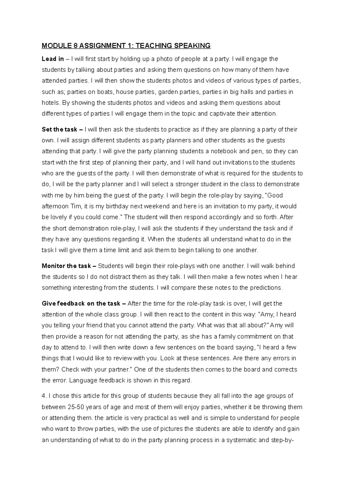 Module 8 Assignment 1 - teaching speaking - MODULE 8 ASSIGNMENT 1: TEACHING SPEAKING Lead in – I ...