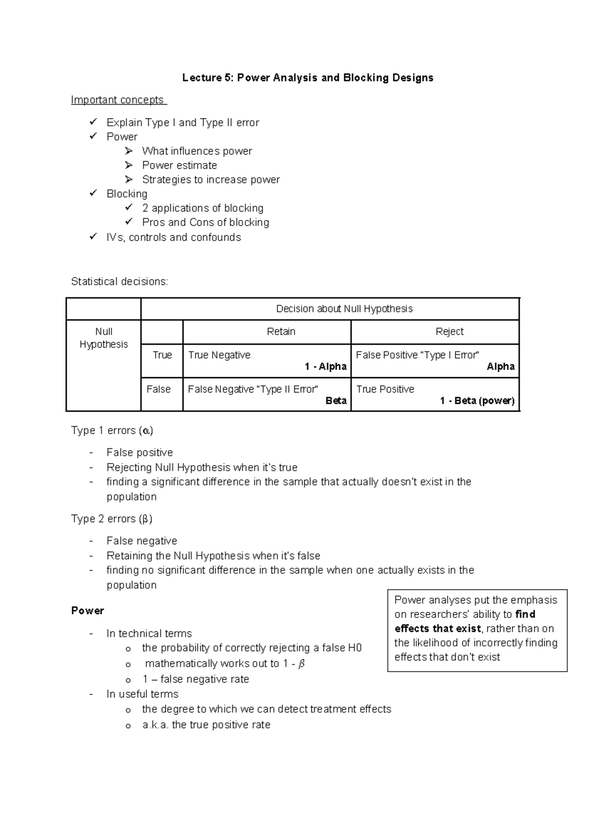 PSYC3010 WK 5 Lecture - Lecture 5: Power Analysis and Blocking Designs Important concepts ...