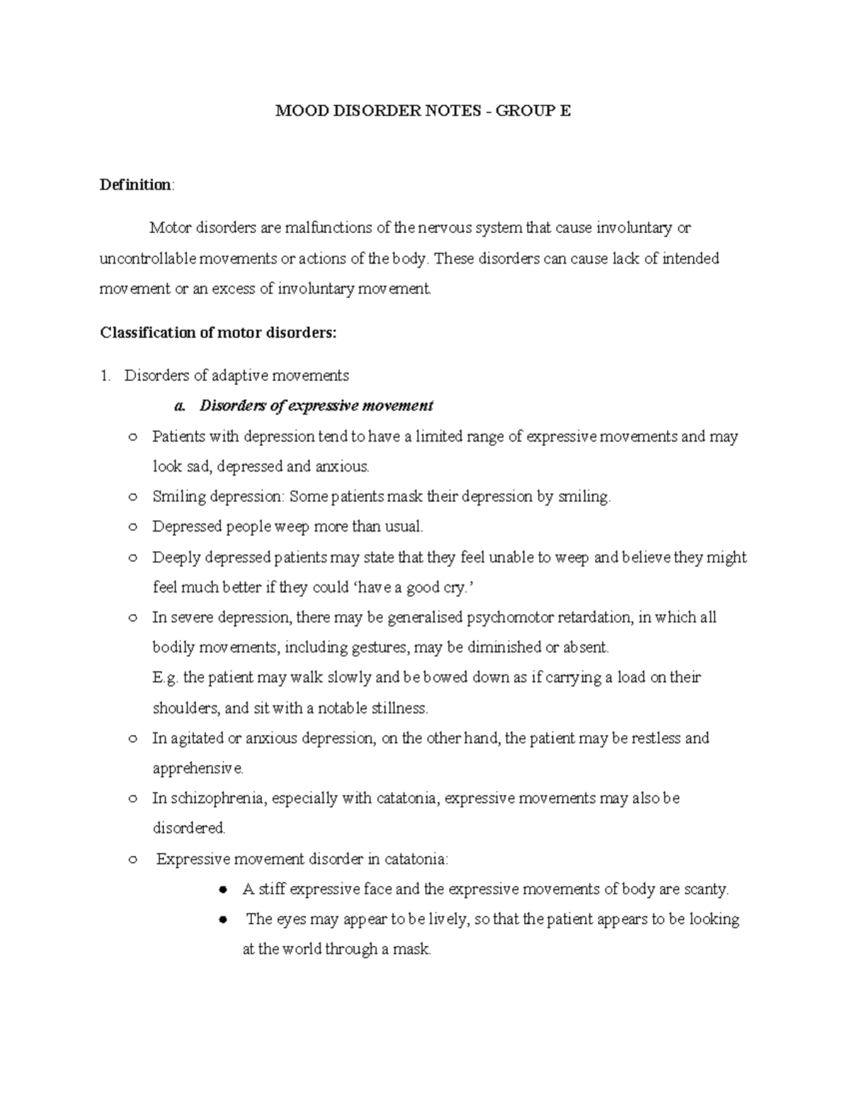 Mood Disorder Notes - MOOD DISORDER NOTES - GROUP E Definition: Motor ...