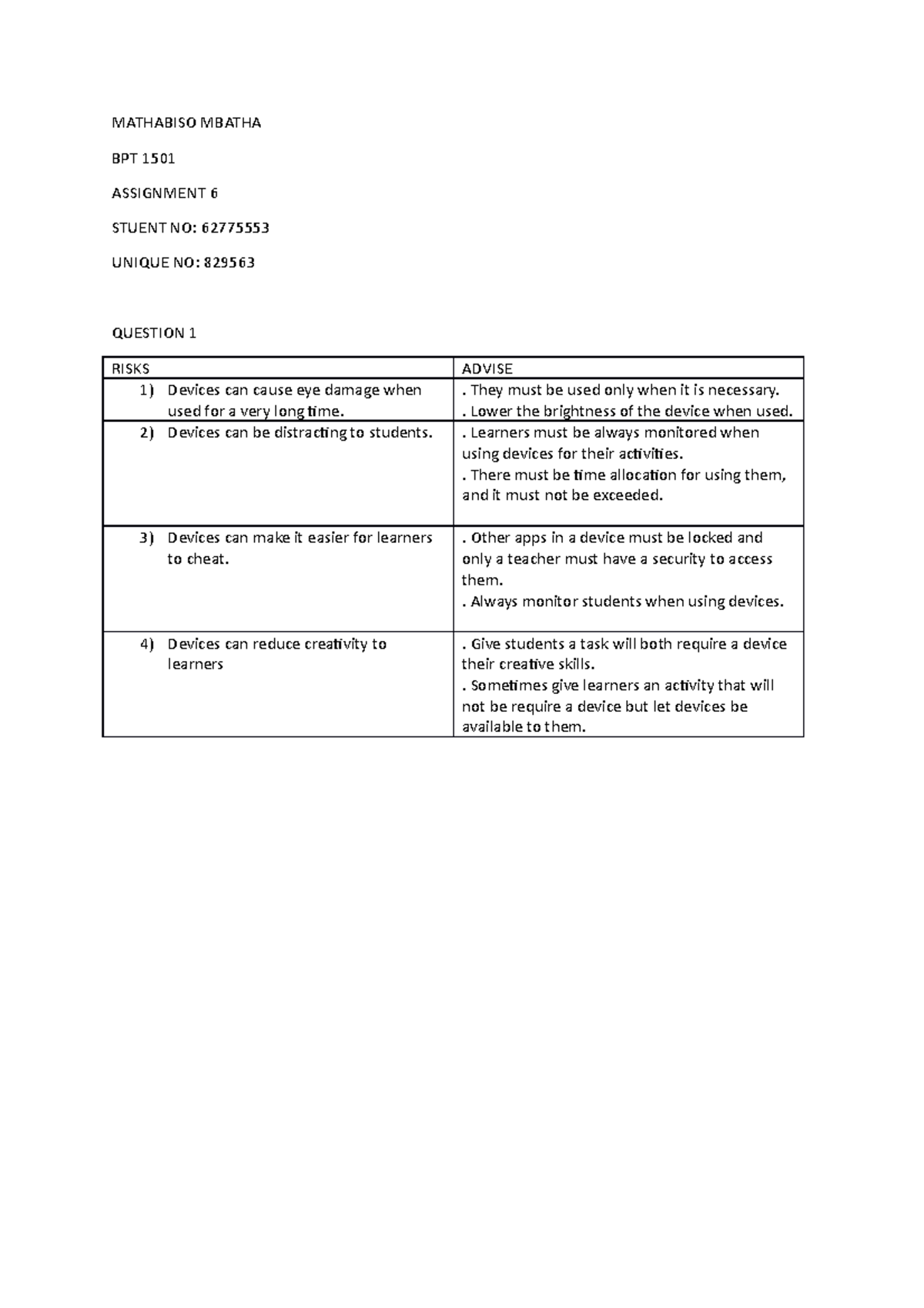 BPT1501 assignment 6 - Being a professional teacher - MATHABISO MBATHA ...