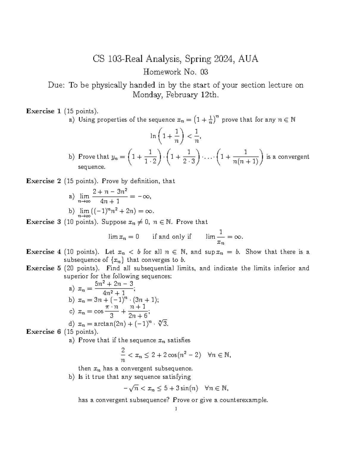 RA Homework 3 - CS 103-Real Analysis, Spring 2024, AUA Homework No. 03 Due: To be physically ...