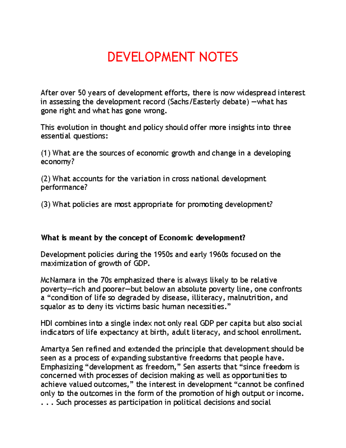 Pol 366 Development - Lecture notes - DEVELOPMENT NOTES After over 50 ...