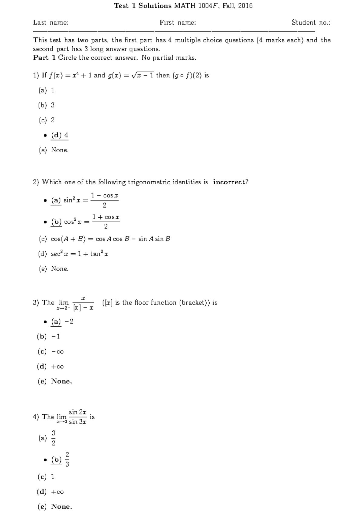 Test 1, answers - Test 1 Solutions MATH 1004F , Fall, 2016 Last name ...