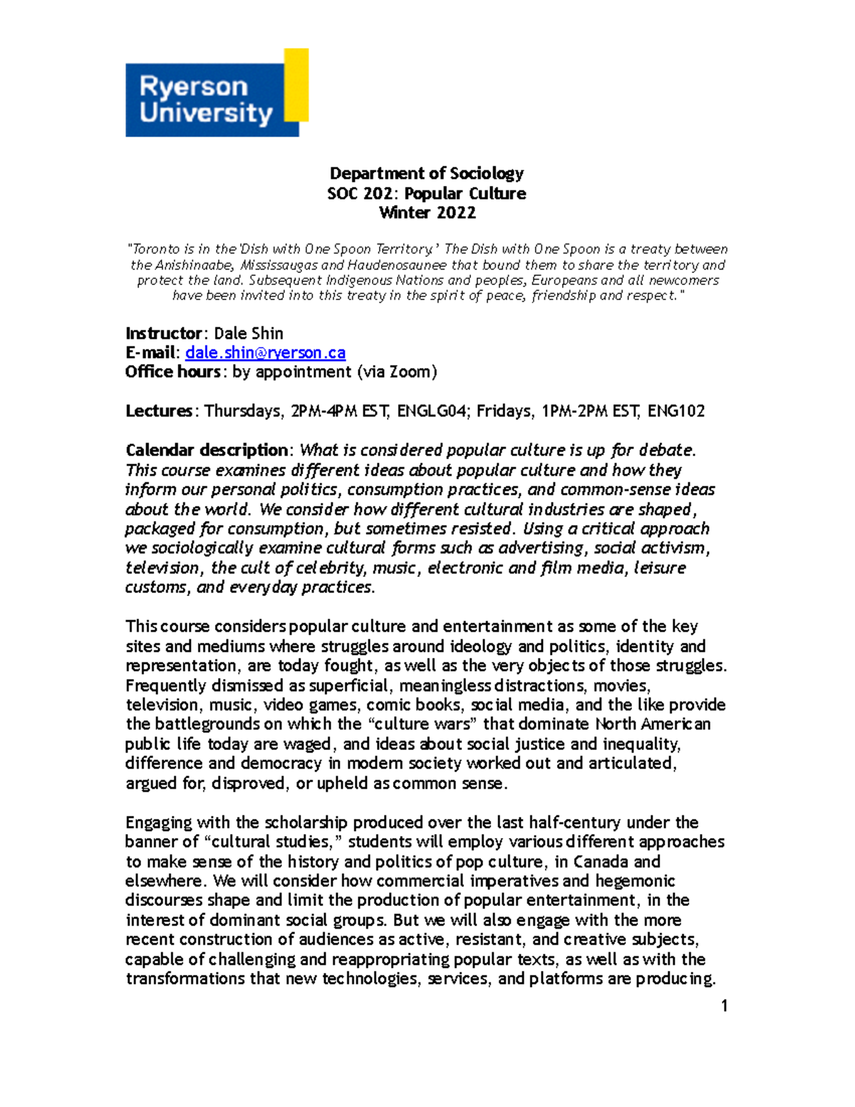 SOC 202 121 W22 - Syllabus - Department of Sociology SOC 202: Popular ...