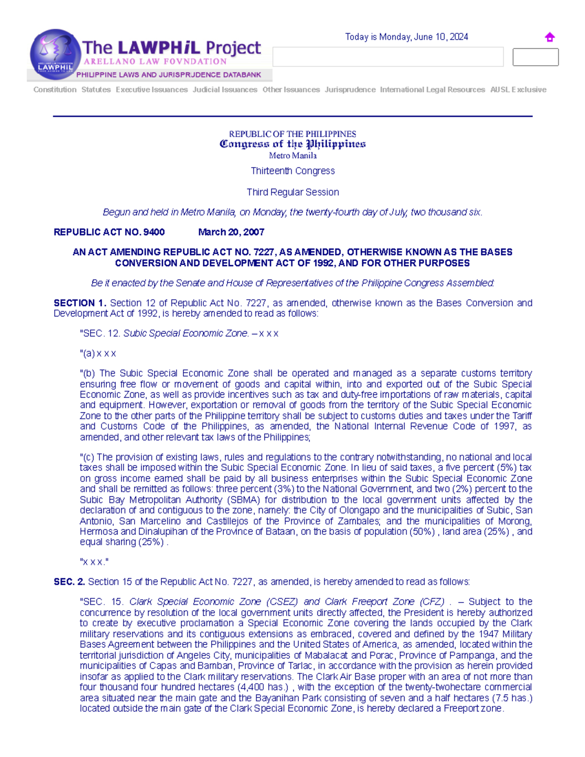 R.A. 9400 - R.A. 9400 special economic zones - Constitution Statutes ...