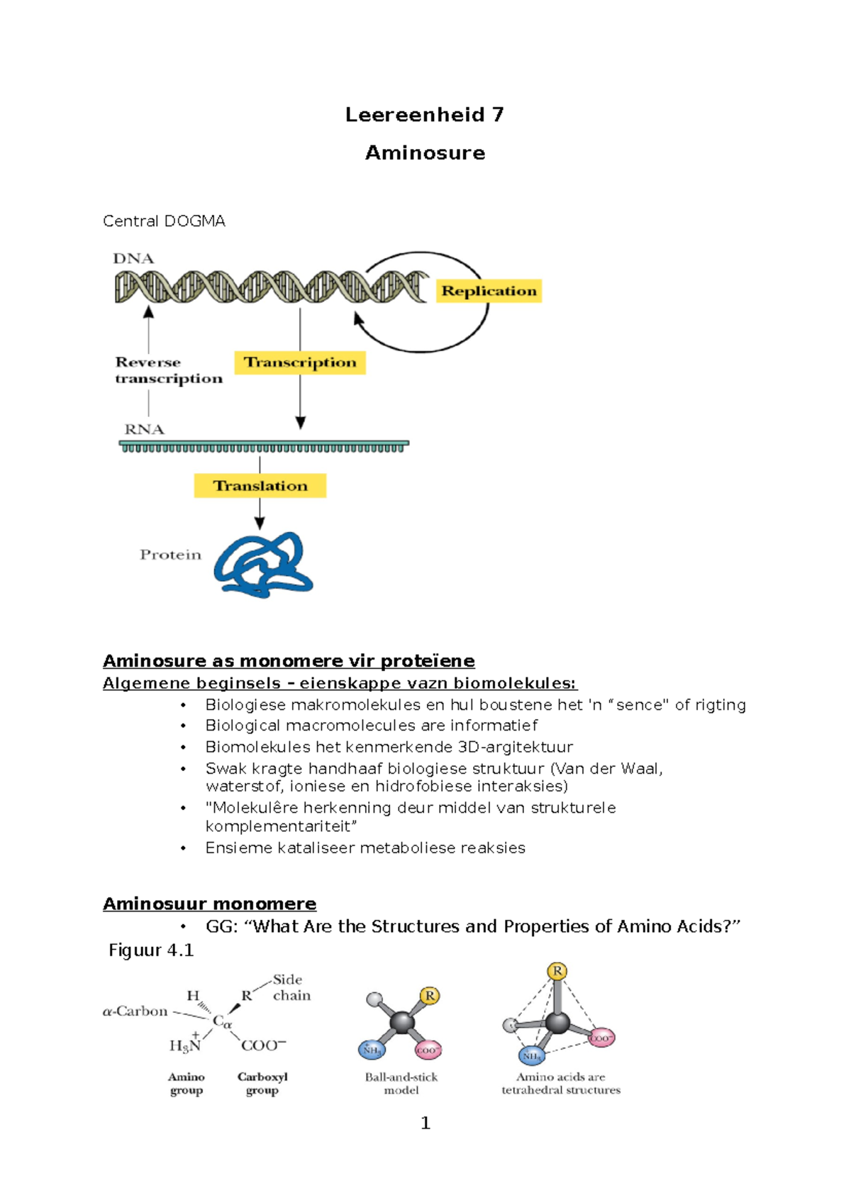 SU7 - study unit 7 biochemistry 213 - Leereenheid 7 Aminosure Central ...