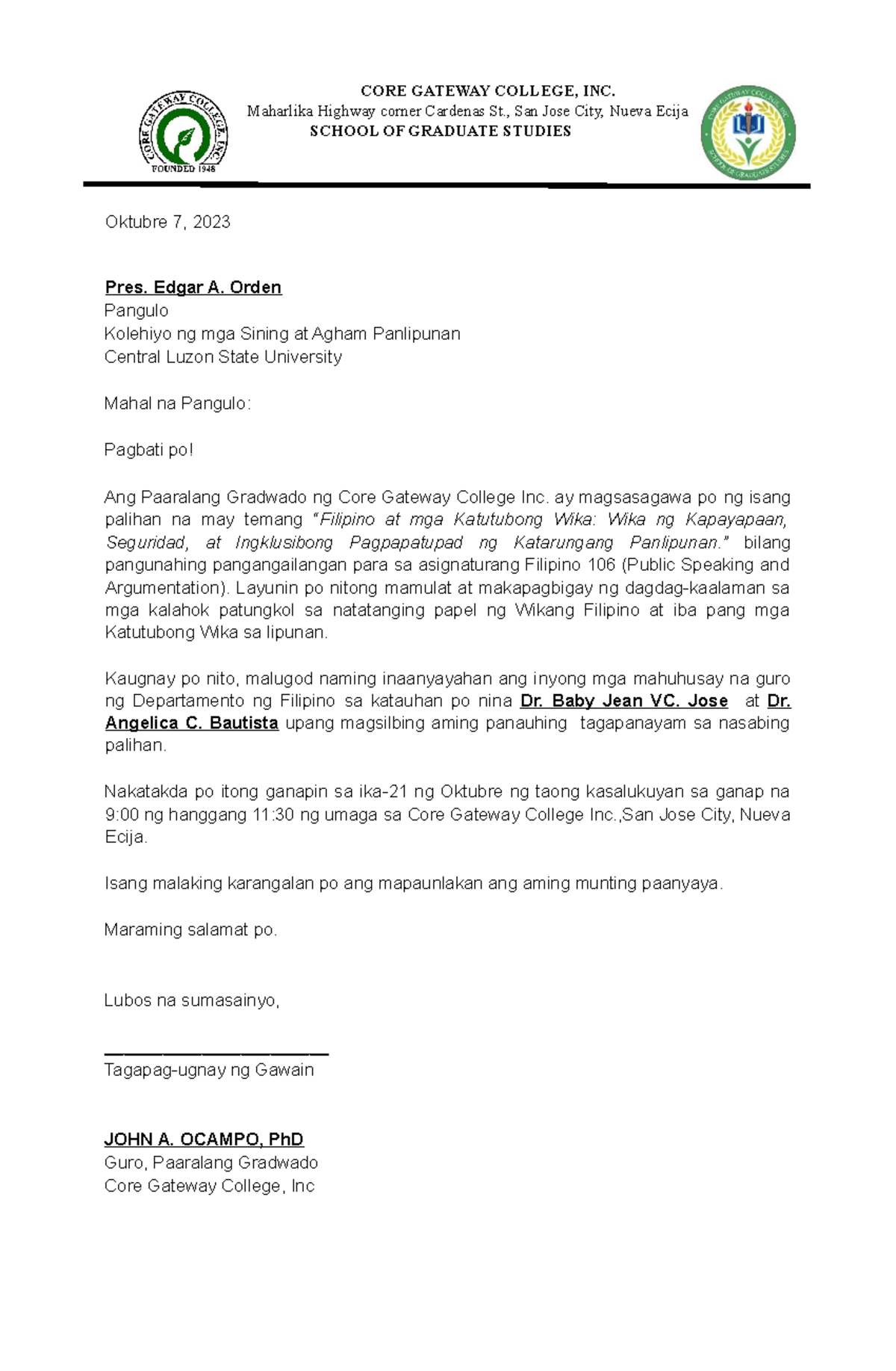 LIham - Lecture - CORE GATEWAY COLLEGE, INC. Maharlika Highway corner ...