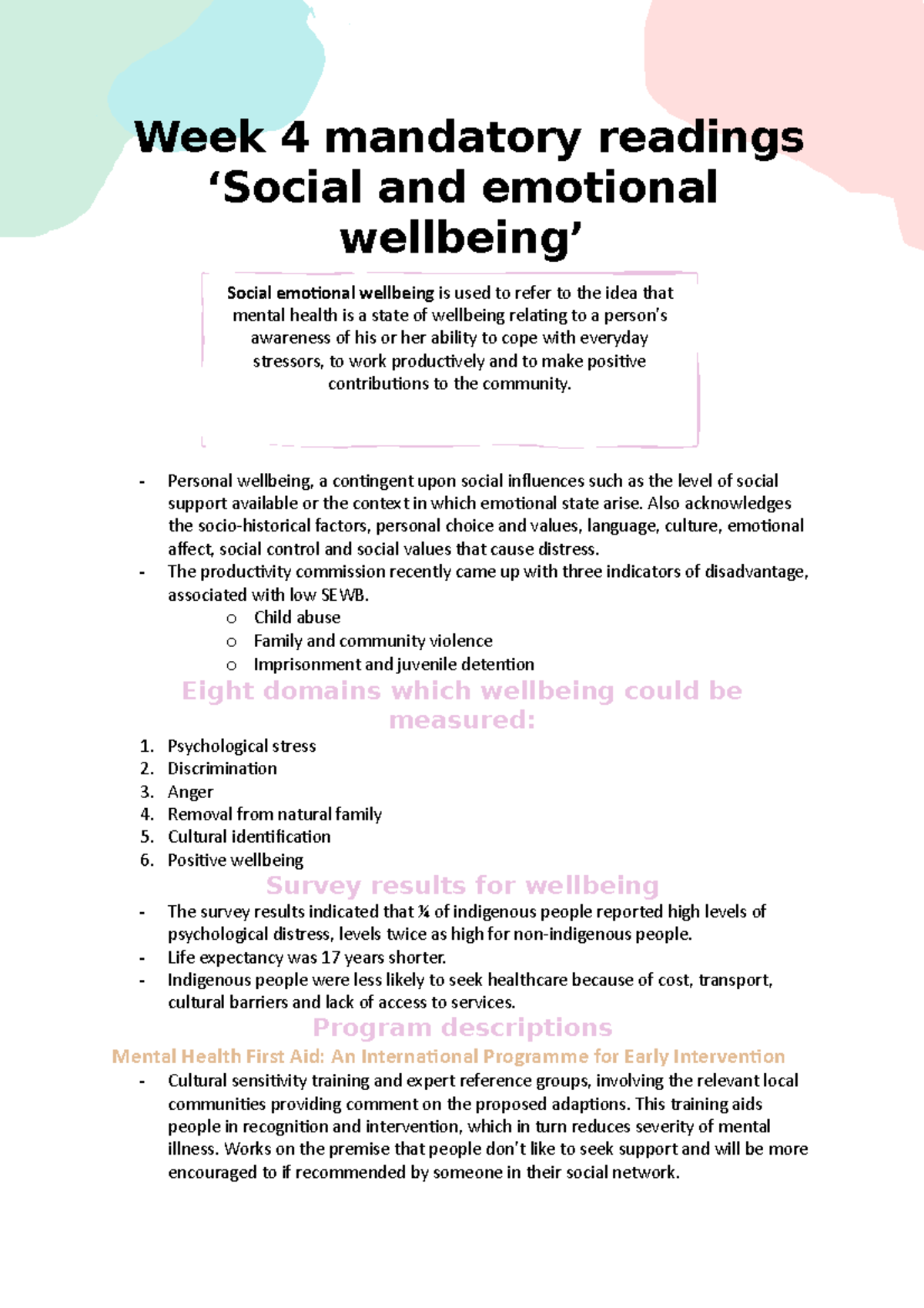 Week 4 mandatory readings - Week 4 mandatory readings ‘Social and emotional wellbeing’ Personal ...