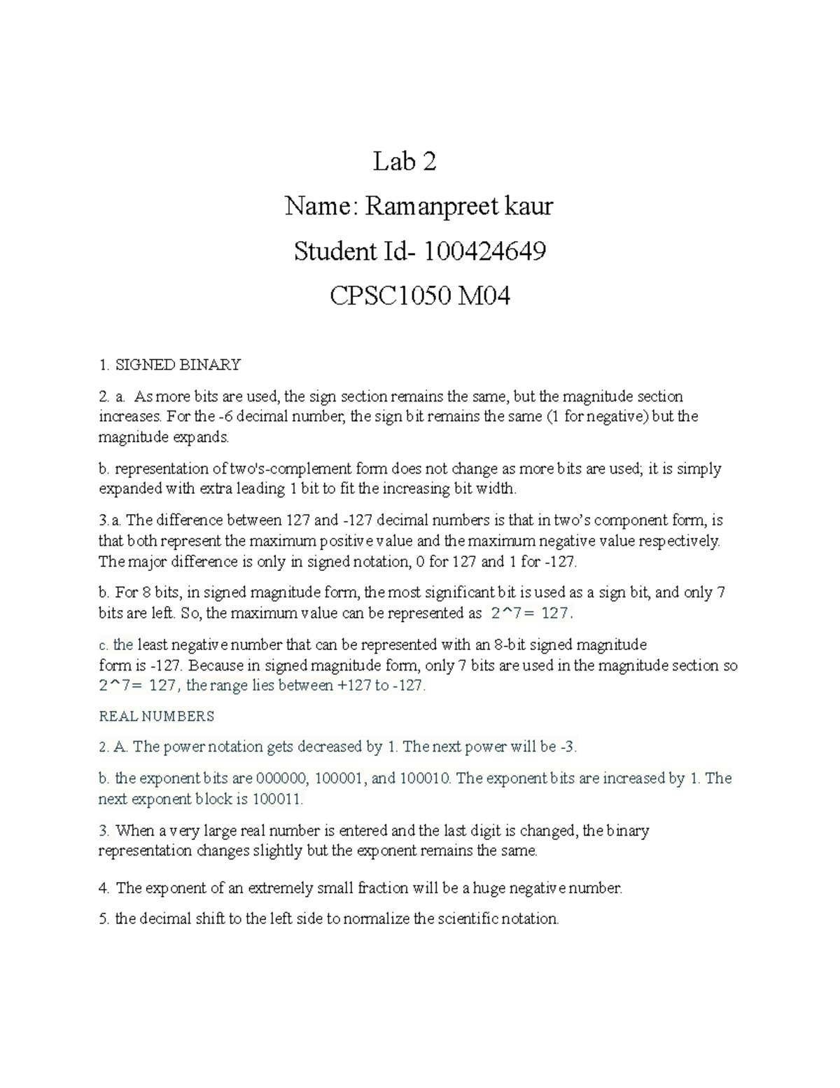 CPSC1050 M - Lab 2 Notes on Signed Binary and Real Numbers - Lab 2 Name ...