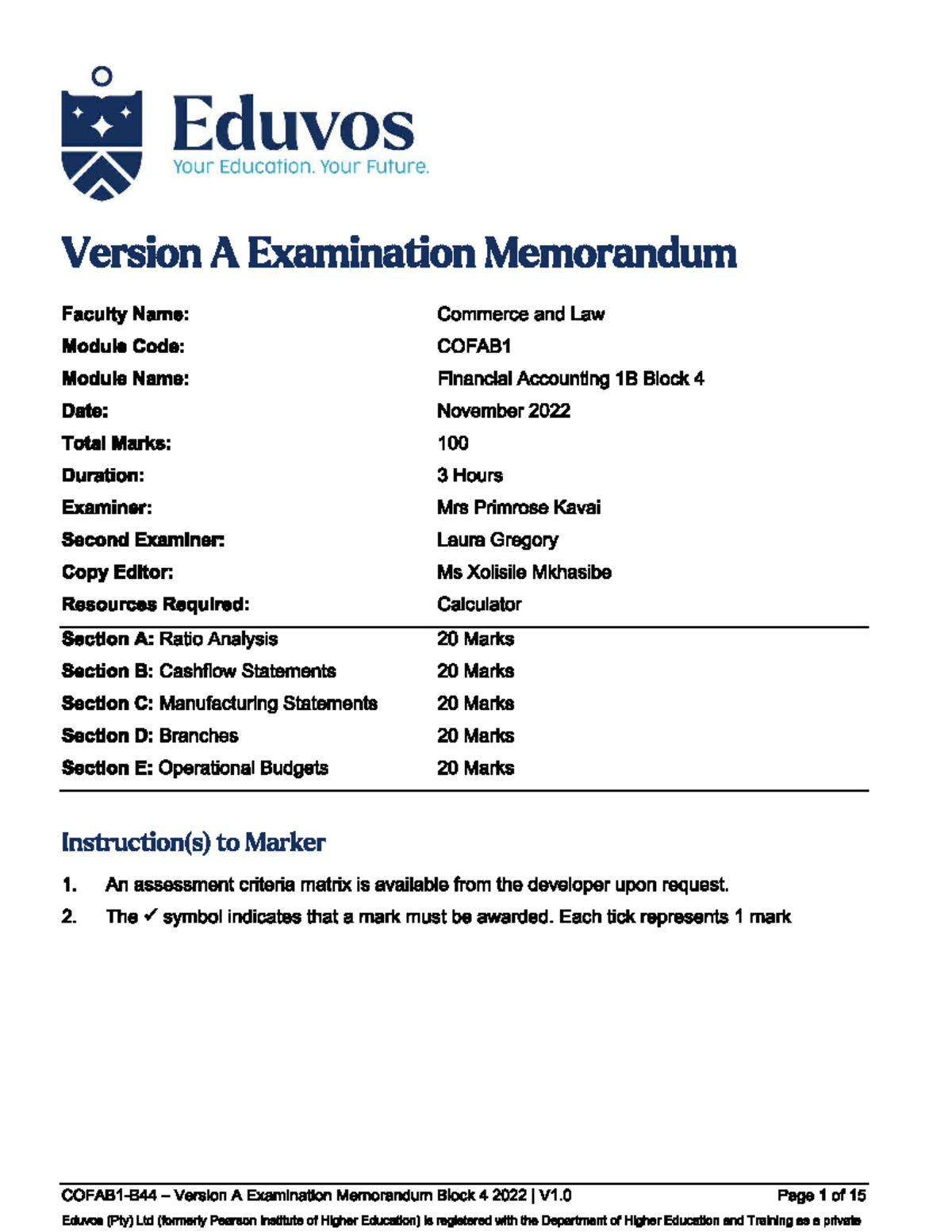 Cofab 1-B44 PAST EXAM Paper 2022 - Eduvos Your Education. Your Future ...