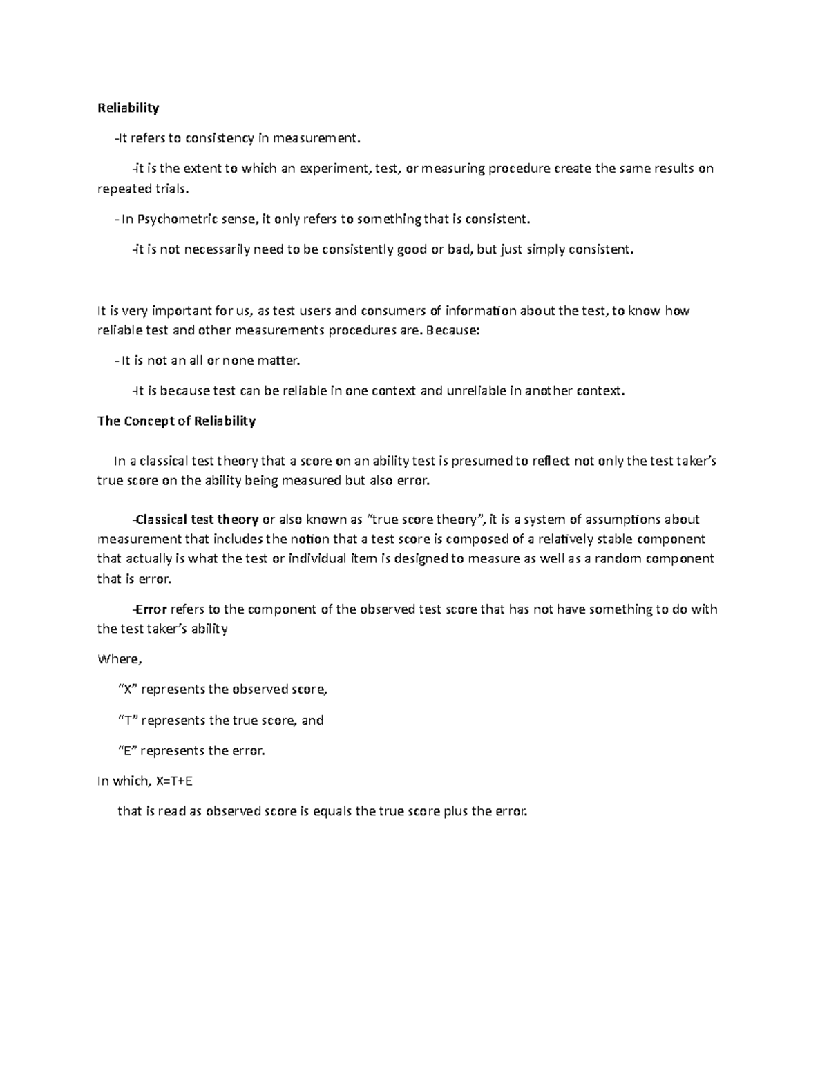 Reliability Lecture Notes 1 Reliability It Refers To Consistency In Measurement It Is The