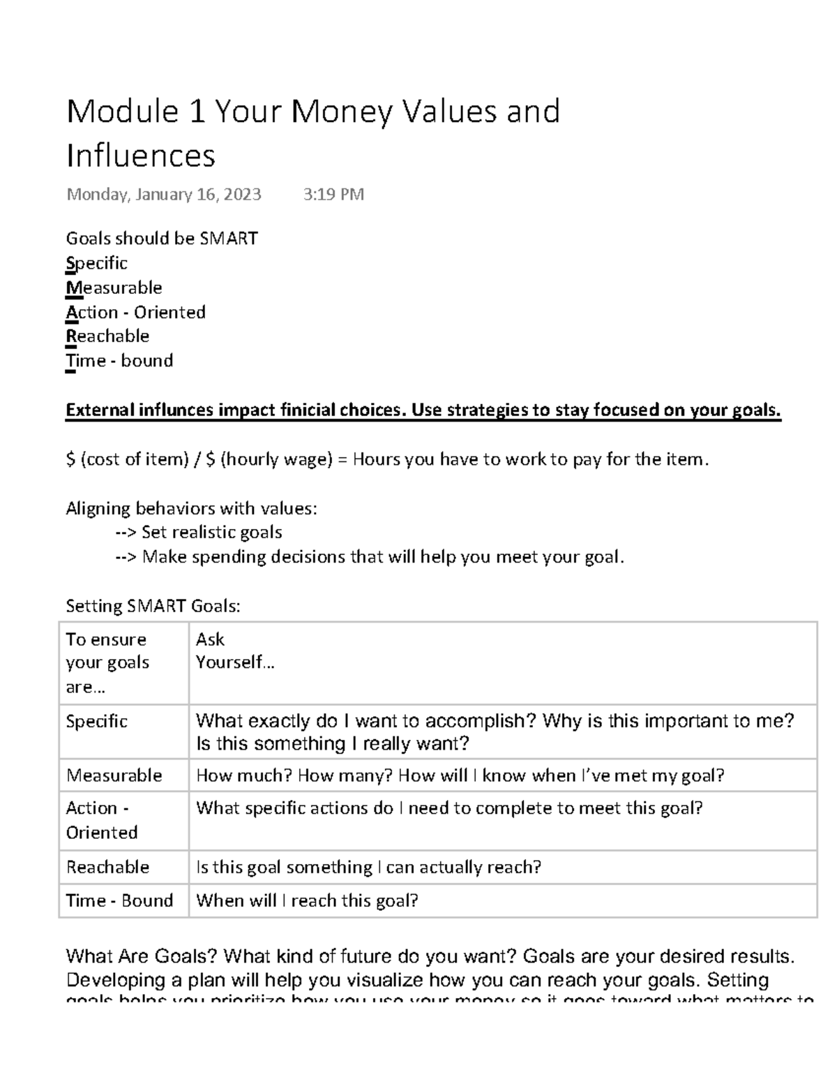Module 1 Your Money Values and Influences - Goals should be SMART ...