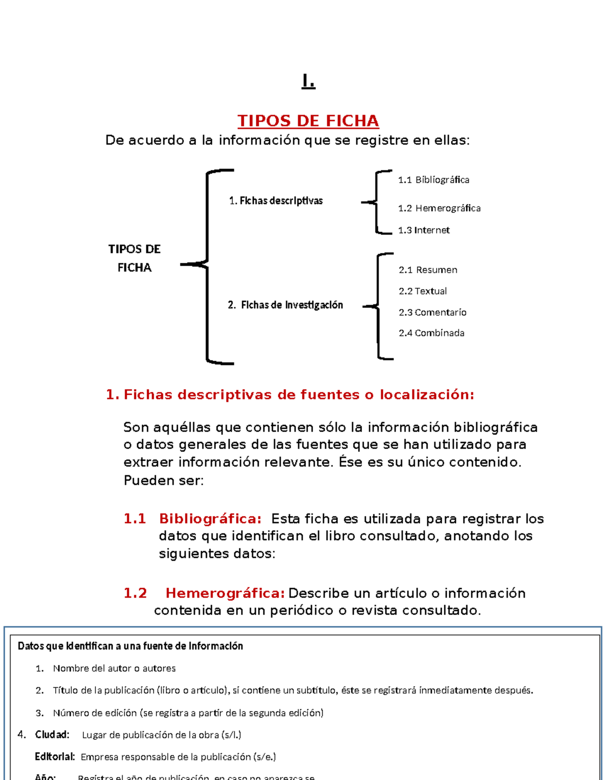 Lectura de fichas para Alumnos - I. TIPOS DE FICHA De acuerdo a la ...