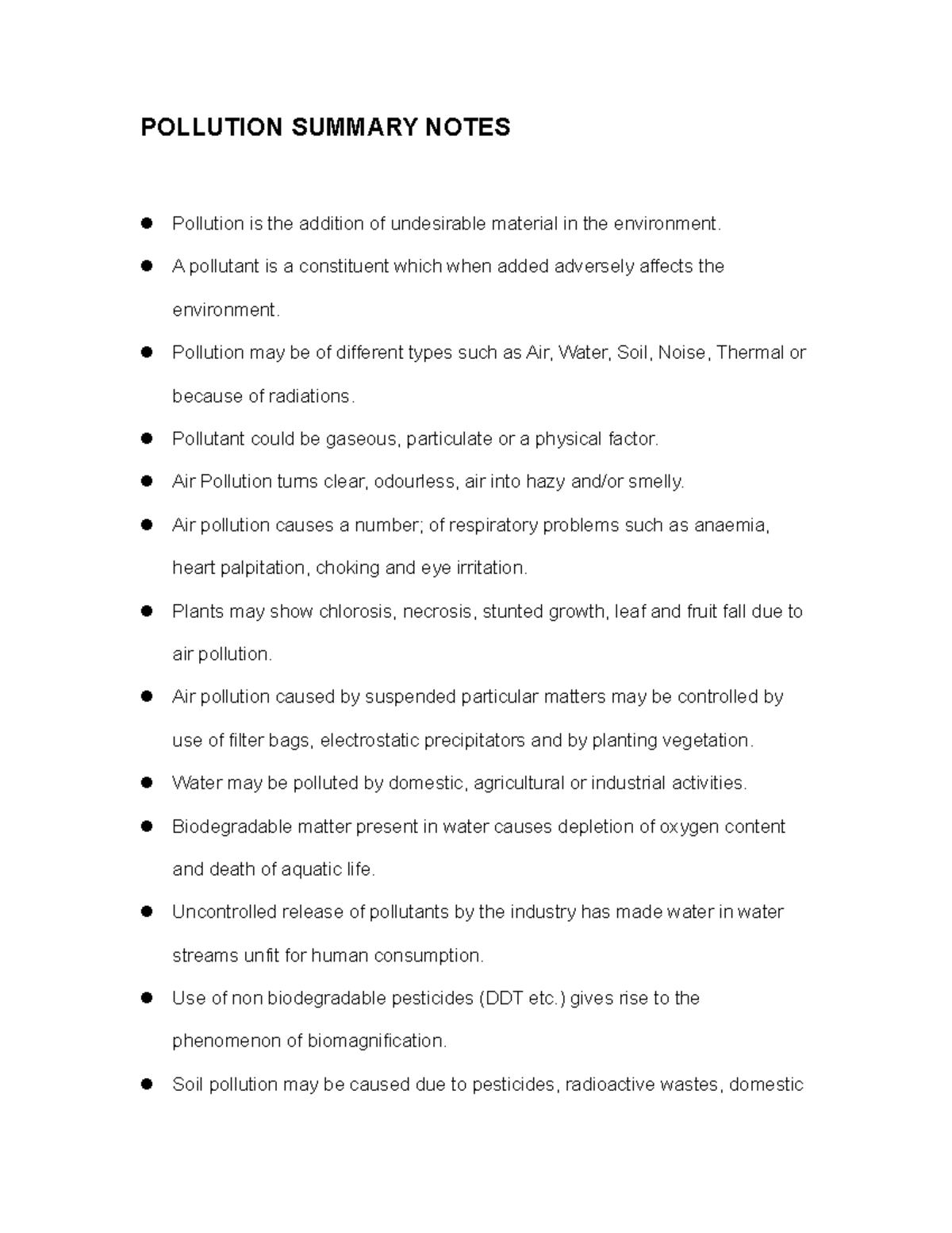 Pollution Summary Notes - POLLUTION SUMMARY NOTES Pollution is the ...