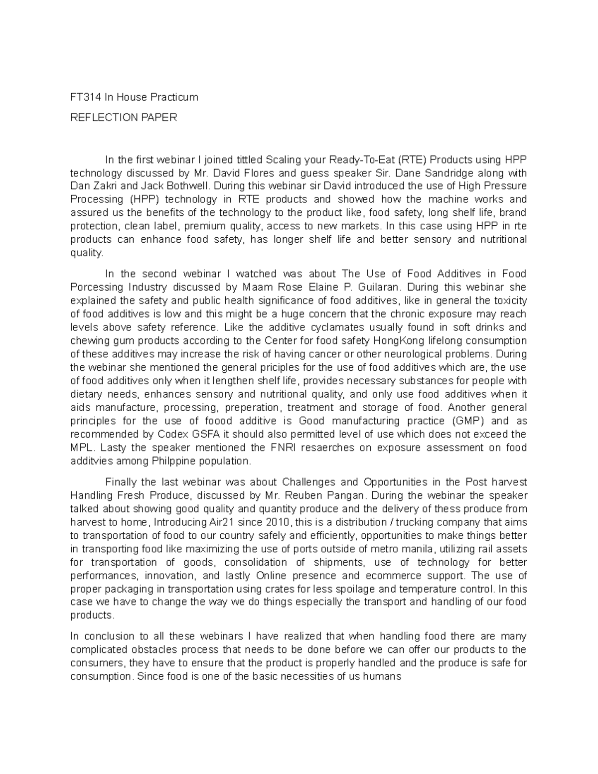 Zapico FT314- Reflection- Paper - FT314 In House Practicum REFLECTION ...