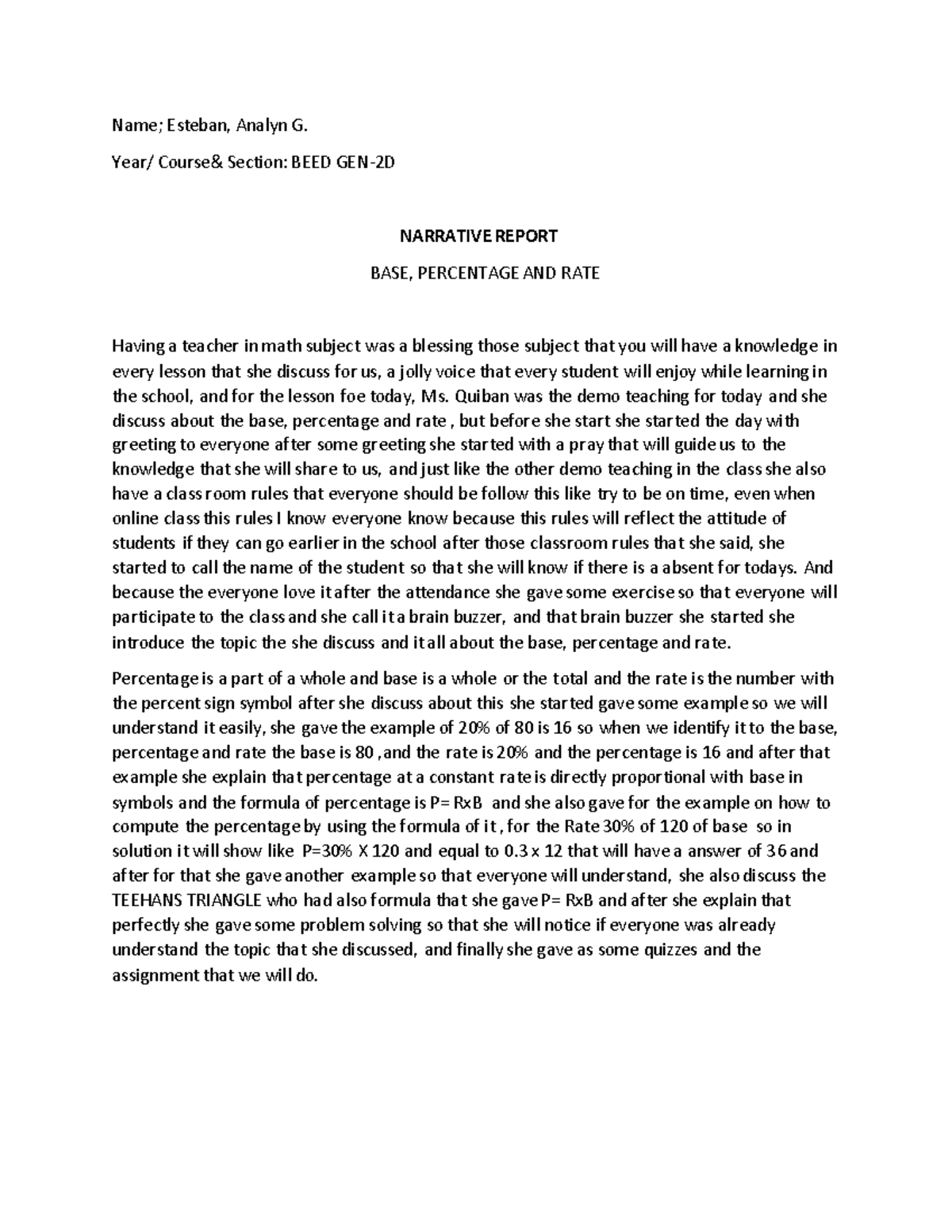 BASE, Percentage AND RATE - Name; Esteban, Analyn G. Year/ Course ...