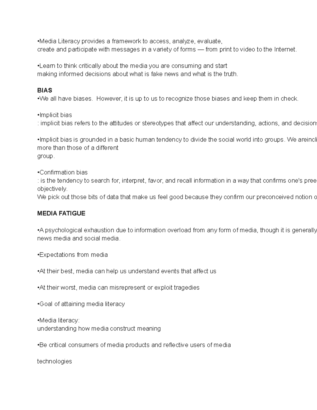 Chapter 1 - •Media Literacy provides a framework to access, analyze ...