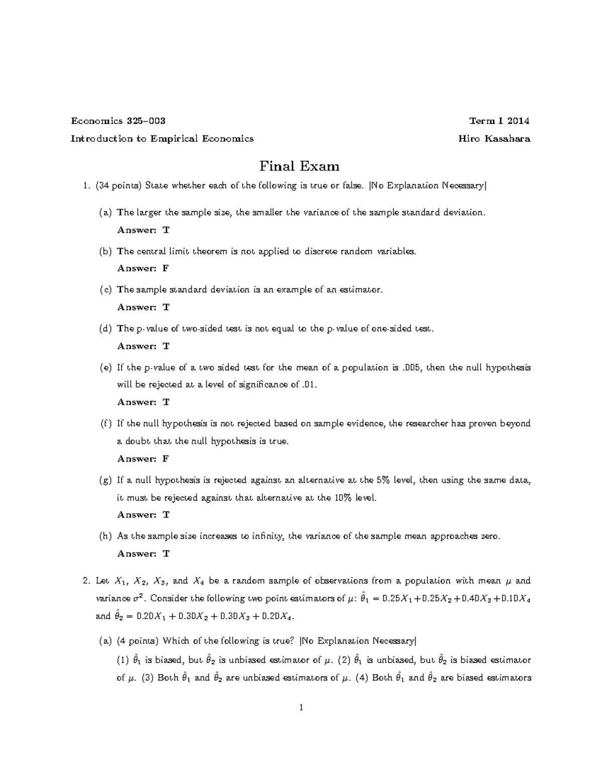 Econ 325 final exams with answers - Economics 325–003 Term I 2014 ...