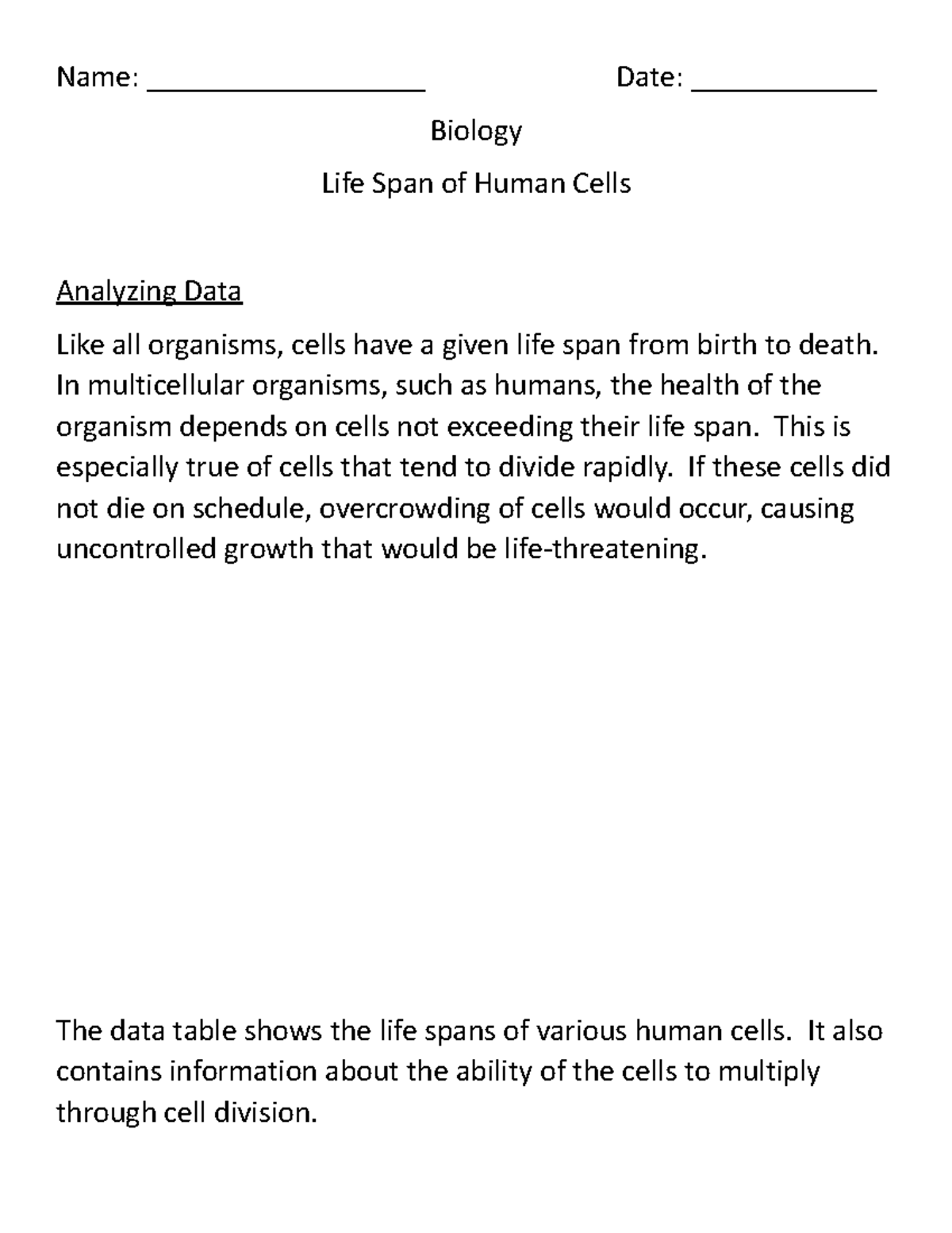 Biology Life Span of Human Cells 1113 - Name: __________________ Date ...