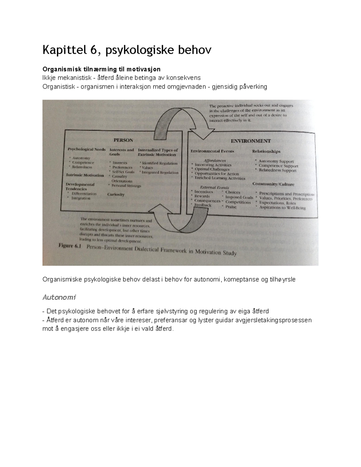 Kapittel 6, psykologiske behov - Kapittel 6, psykologiske behov Organismisk tilnærming til - Studocu