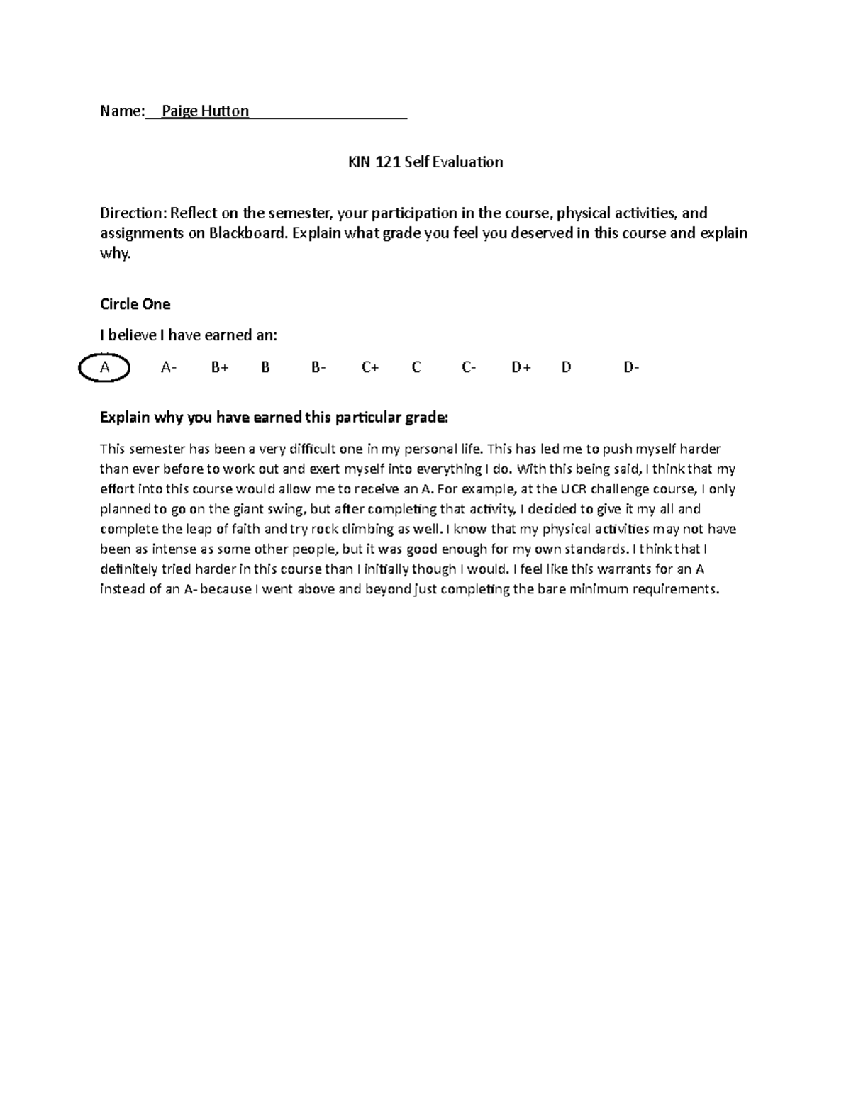 KNI121 Reflection Grade - Name:Paige Hutton_________________ KIN 121 ...