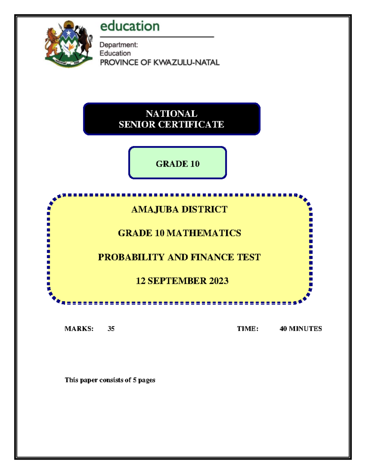 Grade 10 Amajuba Probability and Finace Sept Test 2023 121810 - MARKS ...