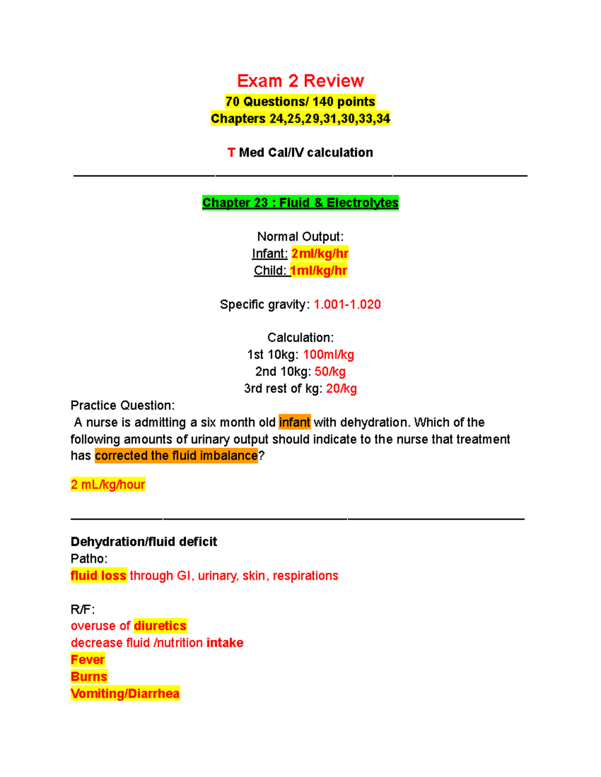 Peds Exam 2 Review (1) - exam 2 study guide - Exam 2 Review 70 Questions/ 140 points Chapters 24 ...