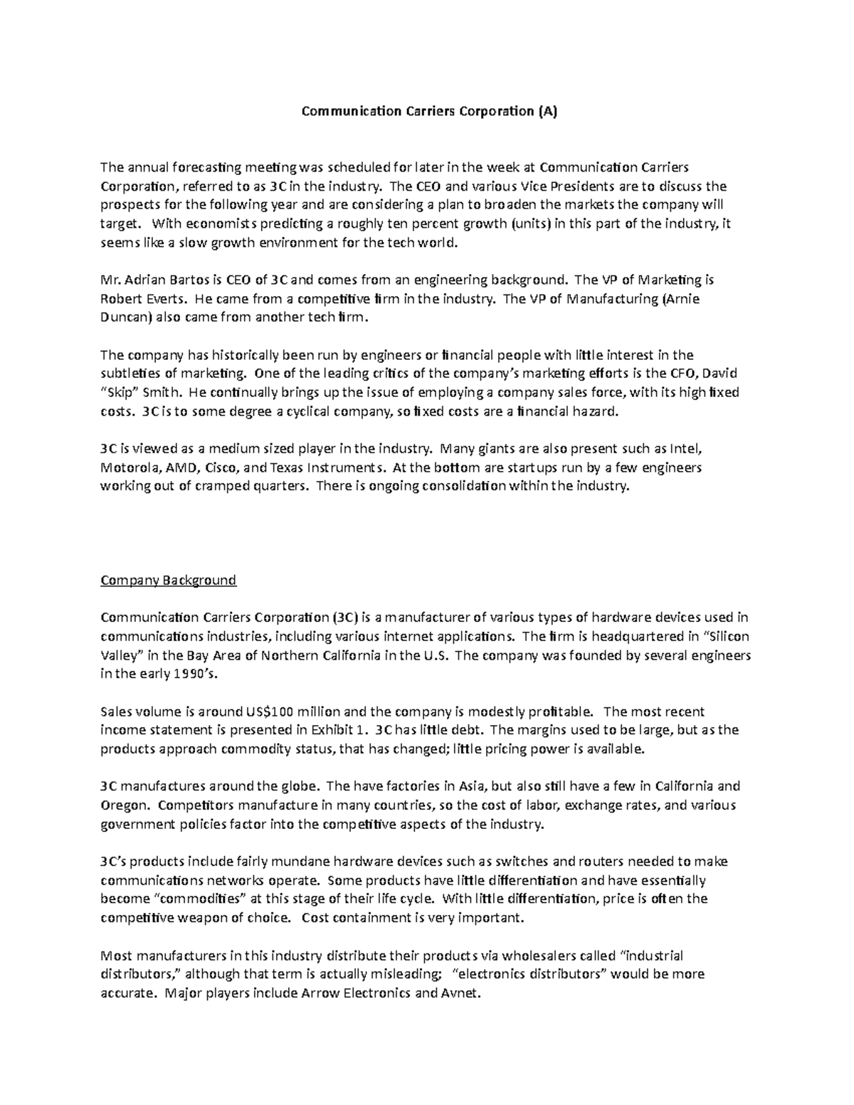 3C (A) Case 495 - Case #1 - Communication Carriers Corporation (A) The ...